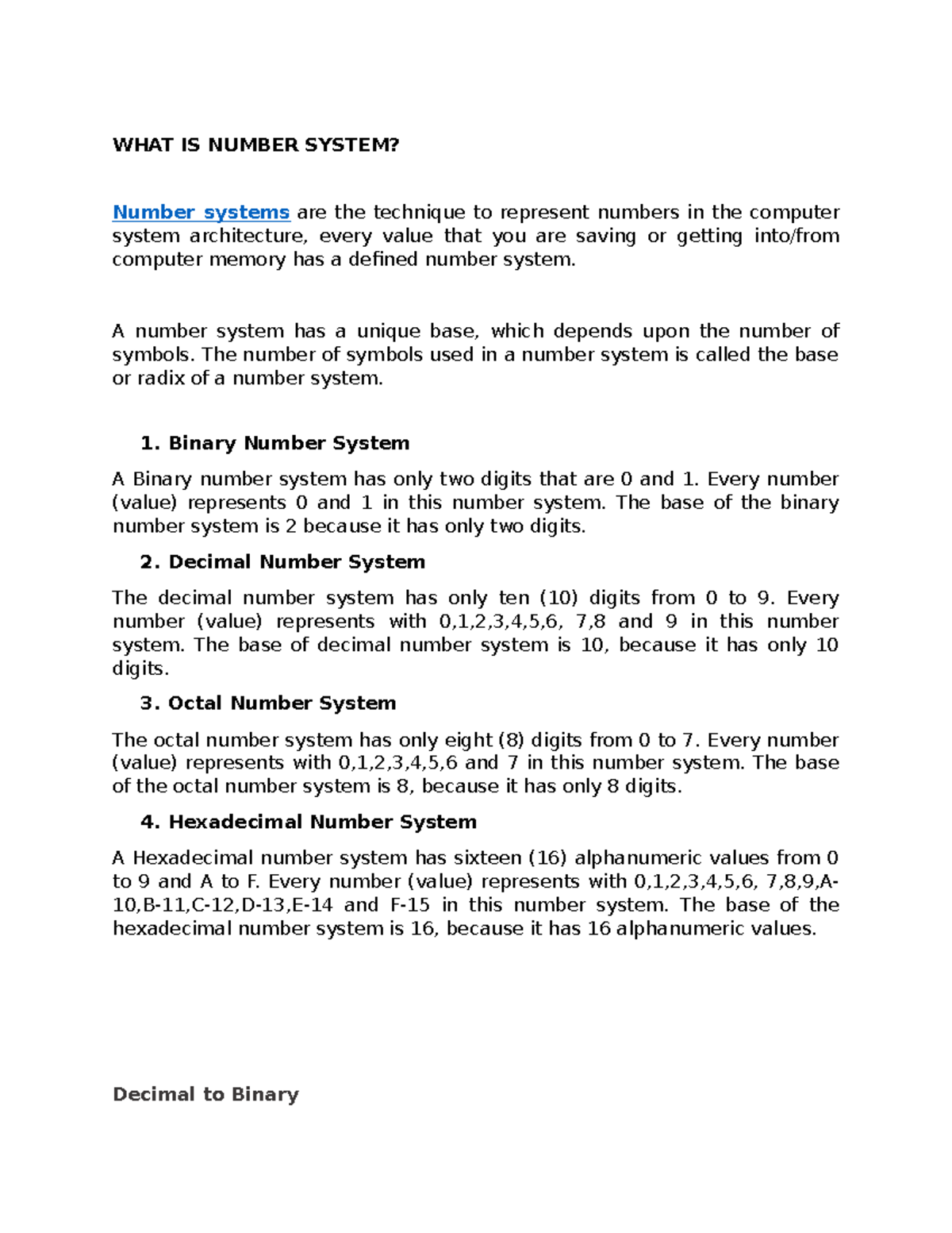 Decimal To Binary Conversion WHAT IS NUMBER SYSTEM Number Systems