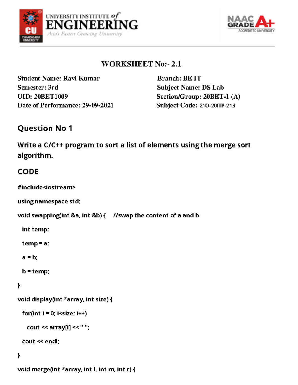 Worksheet 2.1 Qn 1 - Data Structure lab practical - WORKSHEET No:- 2 ... Worksheet 2.1 Qn 1 - Data Structure lab practical - WORKSHEET No:- 2 ...