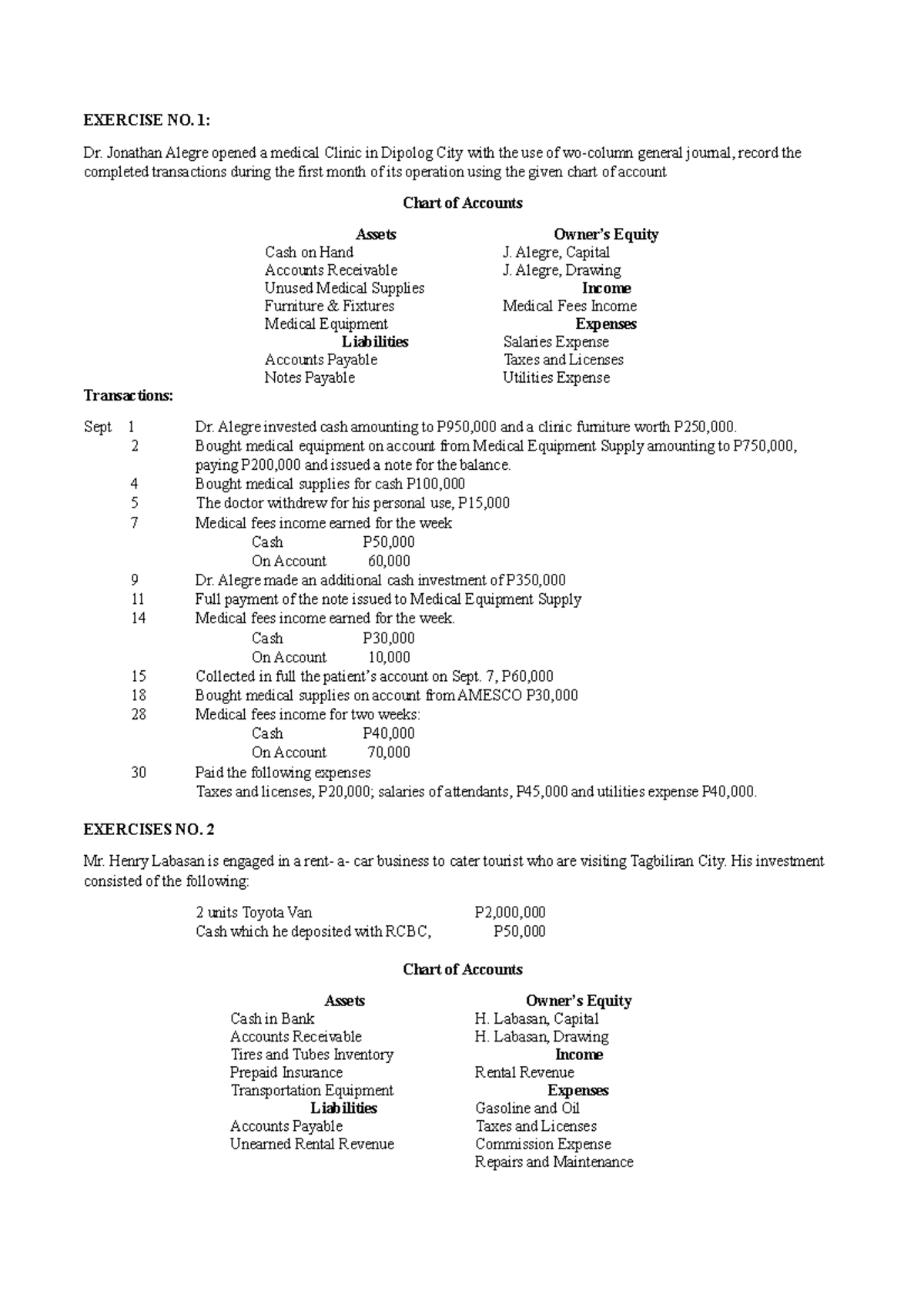 Tutor- Journalizing - EXERCISES FOR LEARNING PURPOSES INORDER TO ...