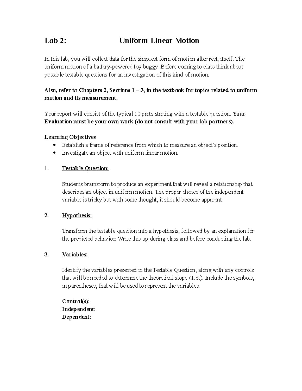 PHY111L Lab 2 Uniform linear motion 3 - Lab 2: Uniform Linear Motion In ...