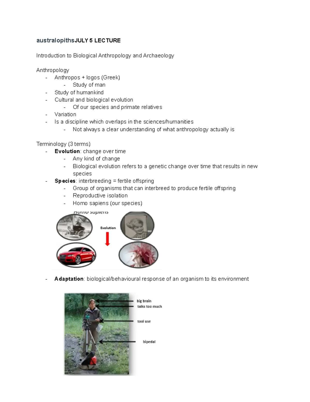 ANT101 Lecture - australopithsJULY 5 LECTURE Introduction to Biological ...