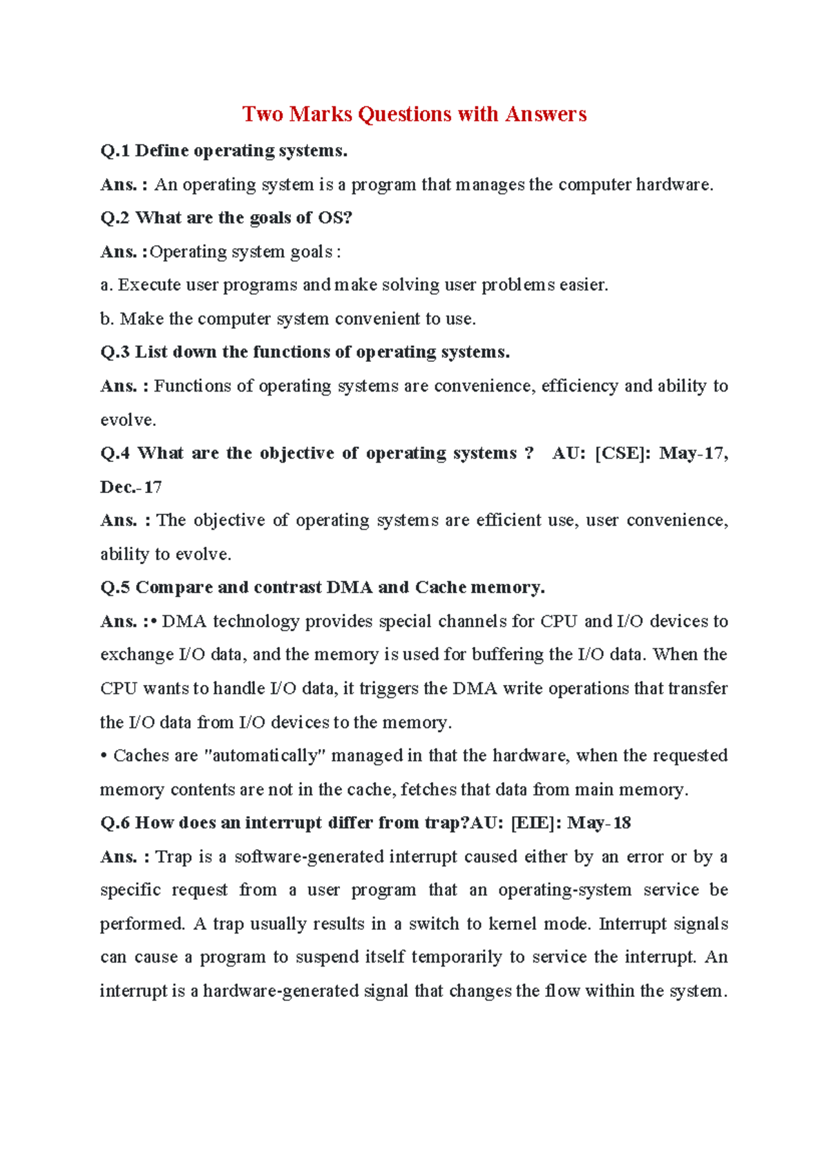 Os two makrs - must be followed - Two Marks Questions with Answers Q Define operating systems ...