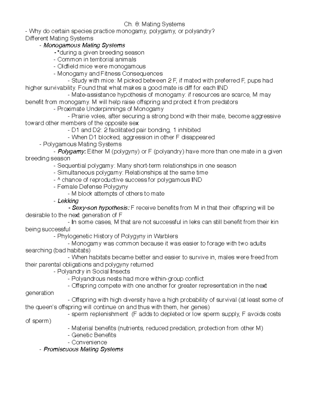 Ch. 8: Mating Systems - Summary Principles of Animal Behavior - Ch. 8 ...