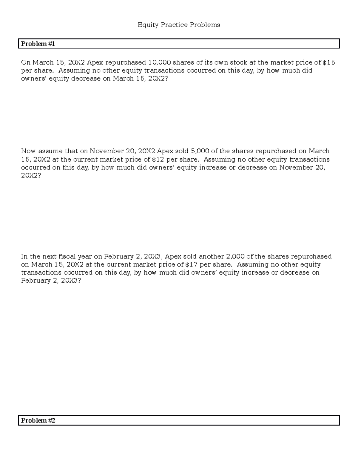 Equity Practice Problems - Equity Practice Problems Problem On March 15 ...