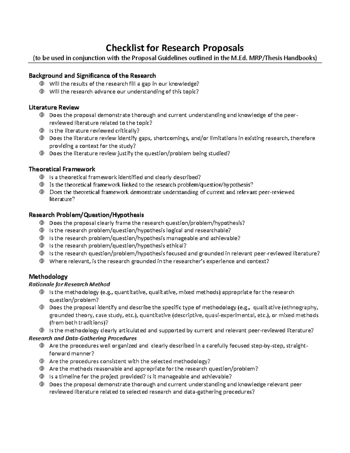 Checklist FOR YOUR Research Proposal - Checklist for Research Proposals ...