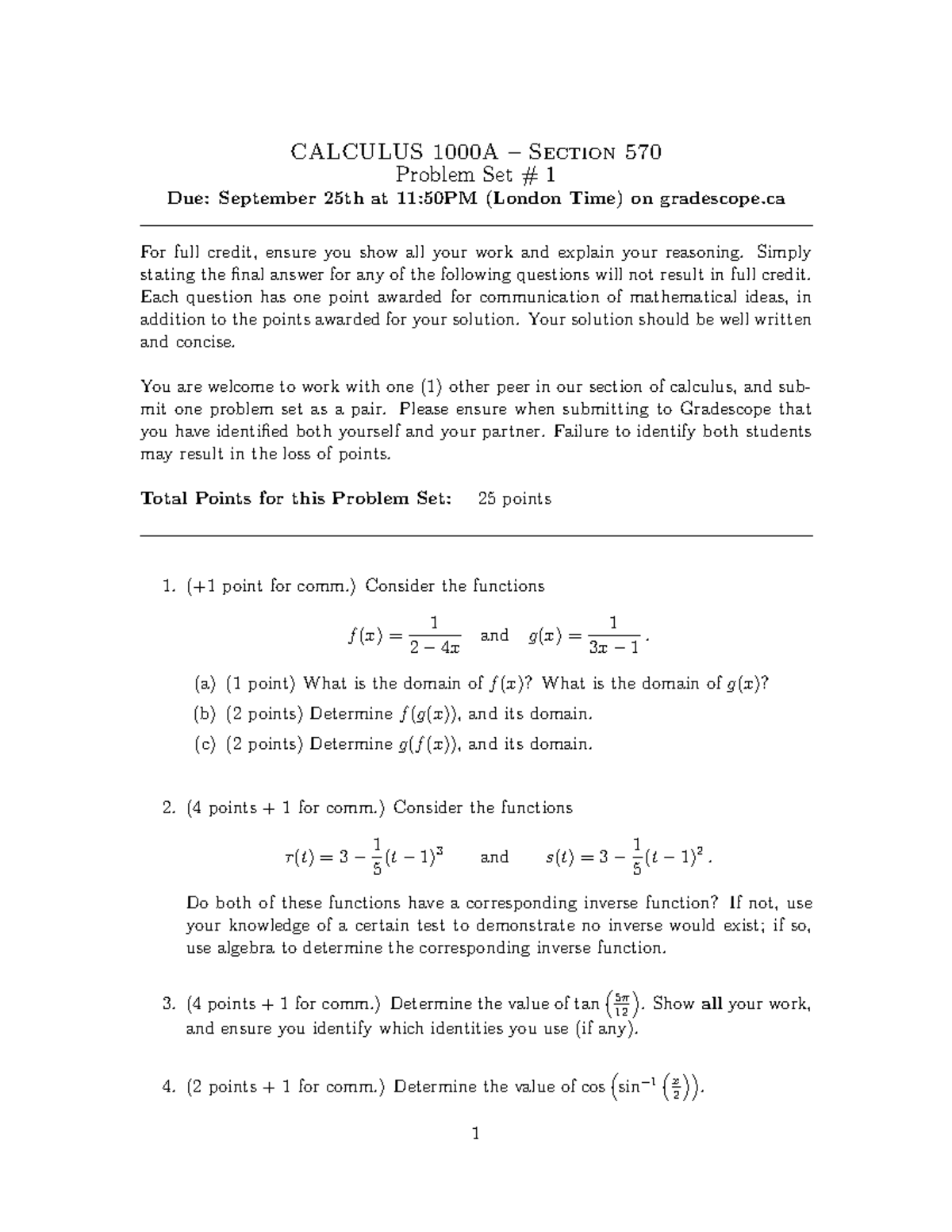 CALC1000A 570 Problem Set 1 2022 - CALCULUS 1000A – Section 570 Problem ...