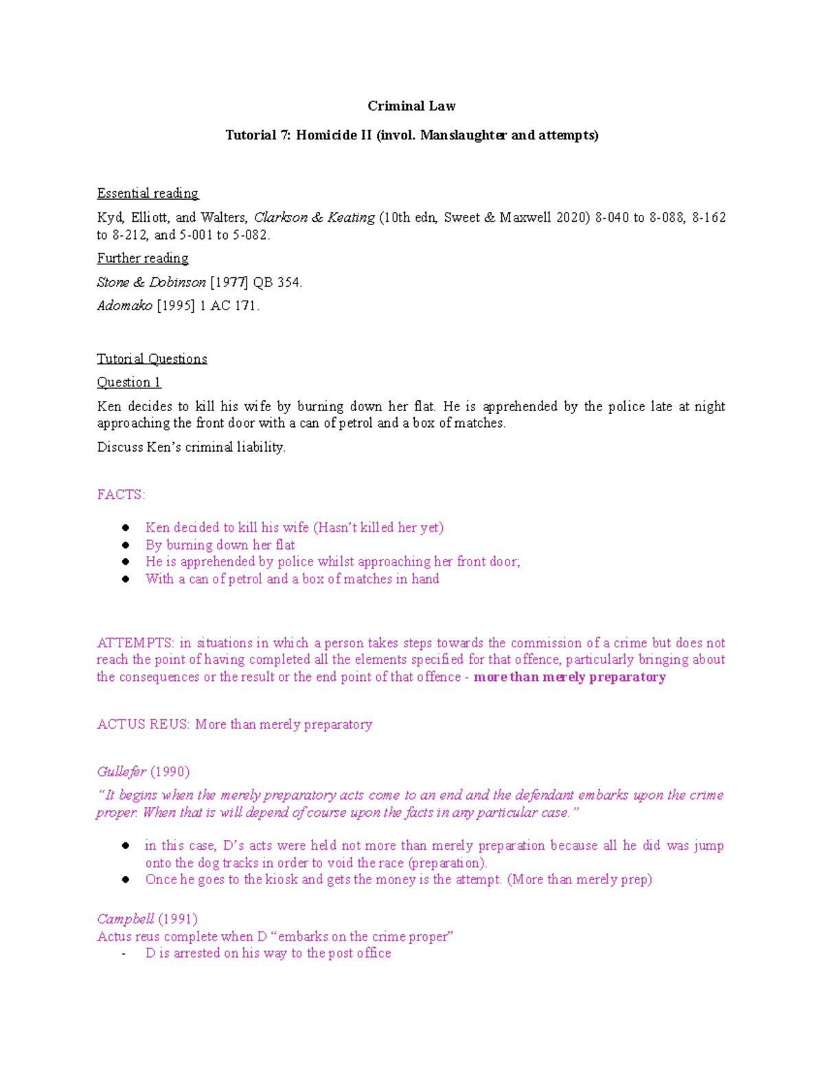 Criminal Law Tutorial 7 - Manslaughter and attempts) Essential reading ...