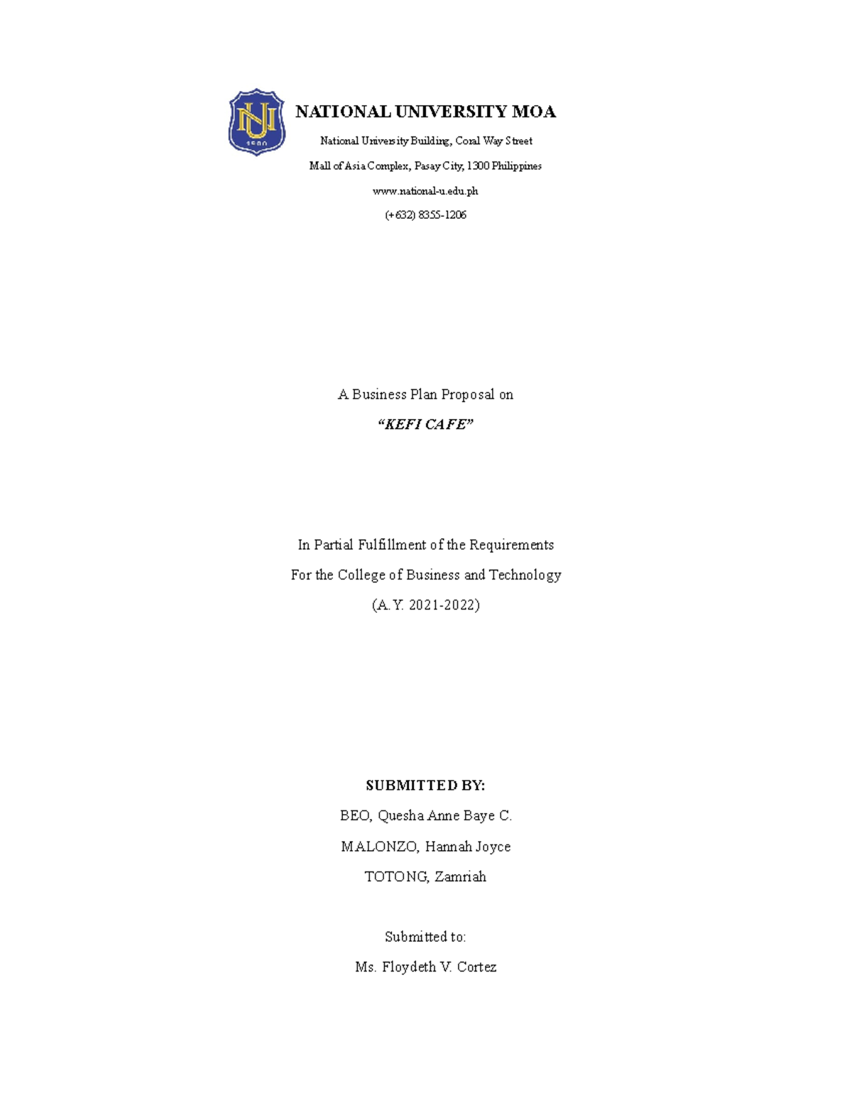 Business Proposal GR 4 - NATIONAL UNIVERSITY MOA National University ...