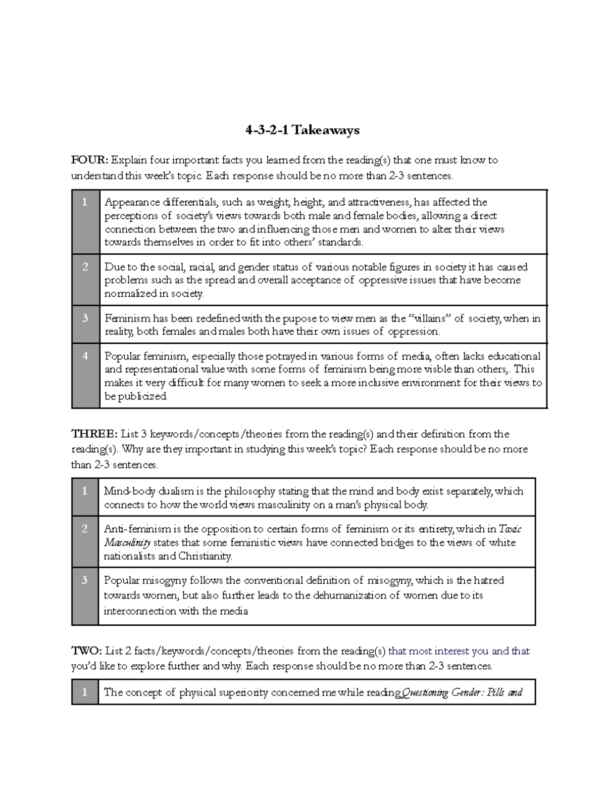 Week 7 4-3-2-1 Takeaways-2 - 4-3-2-1 Takeaways FOUR: Explain four ...
