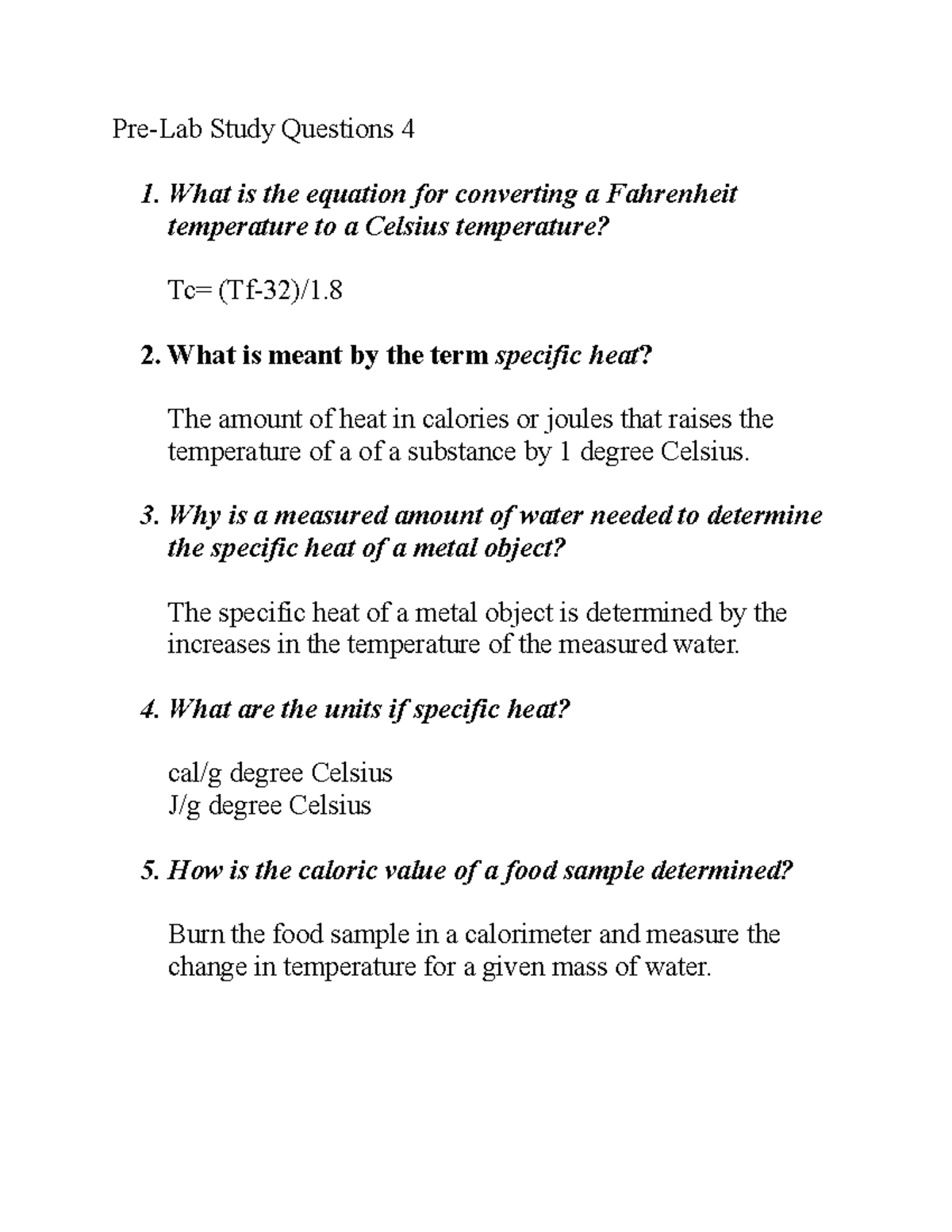 Pre Lab 4 - Chem 124A LAB - Pre-Lab Study Questions 4 What is the ...