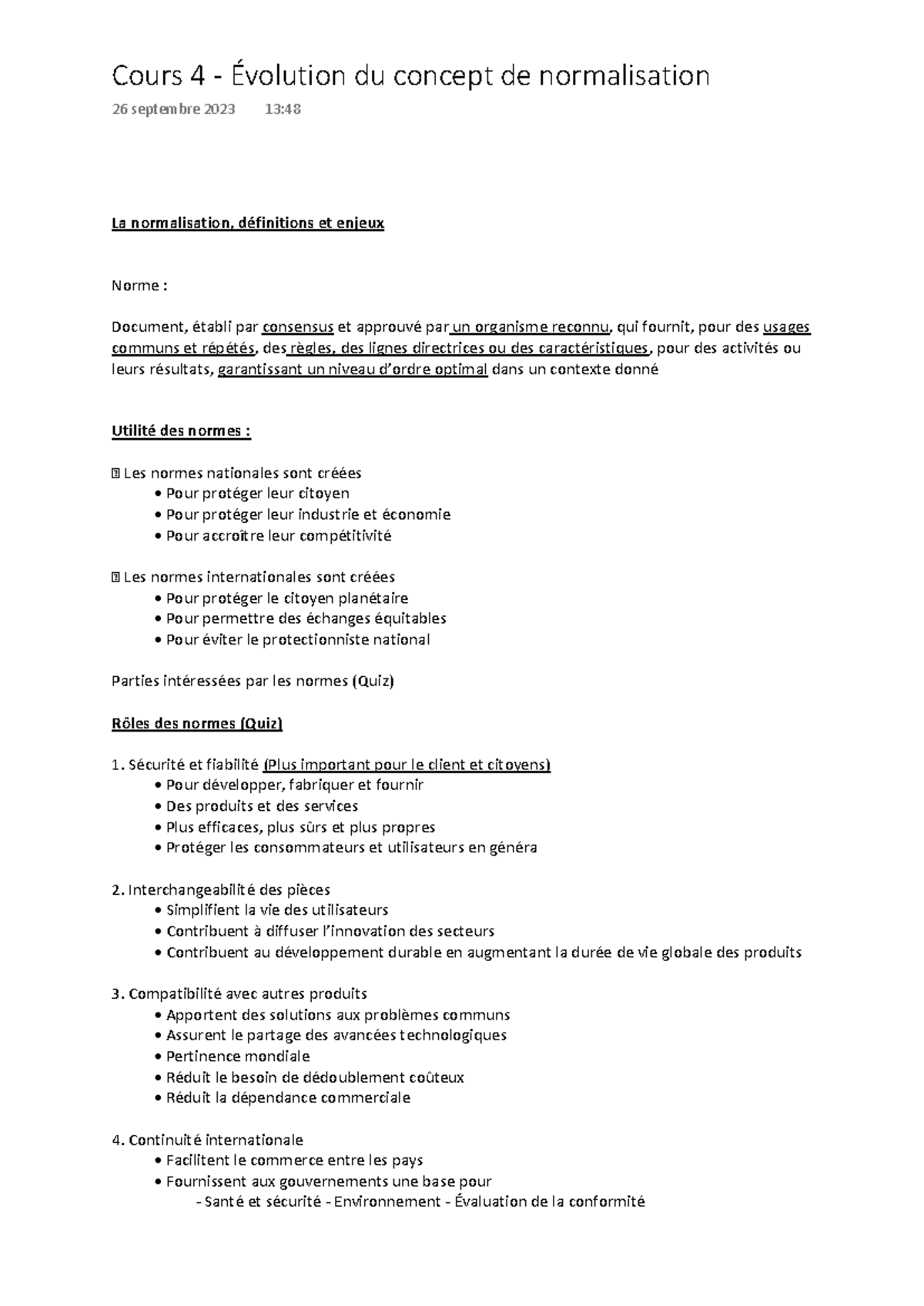 Cours 4 - Évolution du concept de normalisation - Studocu