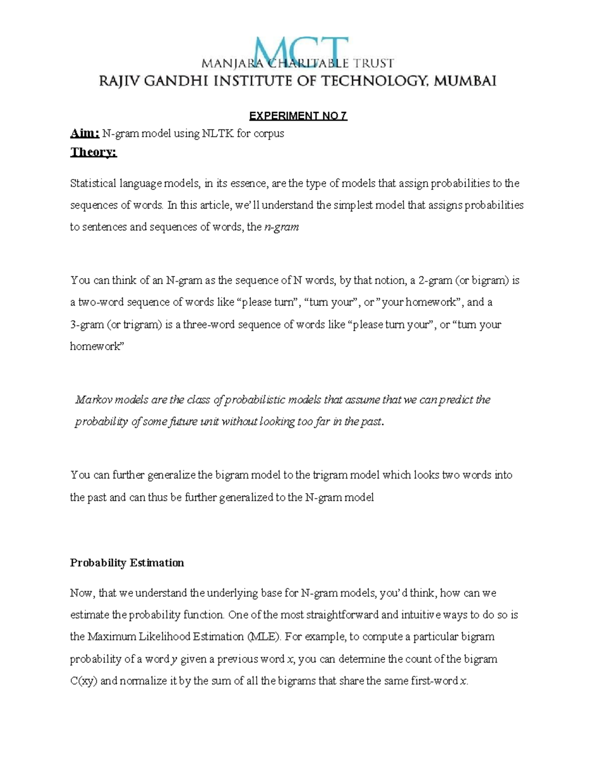 NLP 7 - Nlp - Aim: N-gram model using NLTK for corpus Theory: Statistical language models, in ...