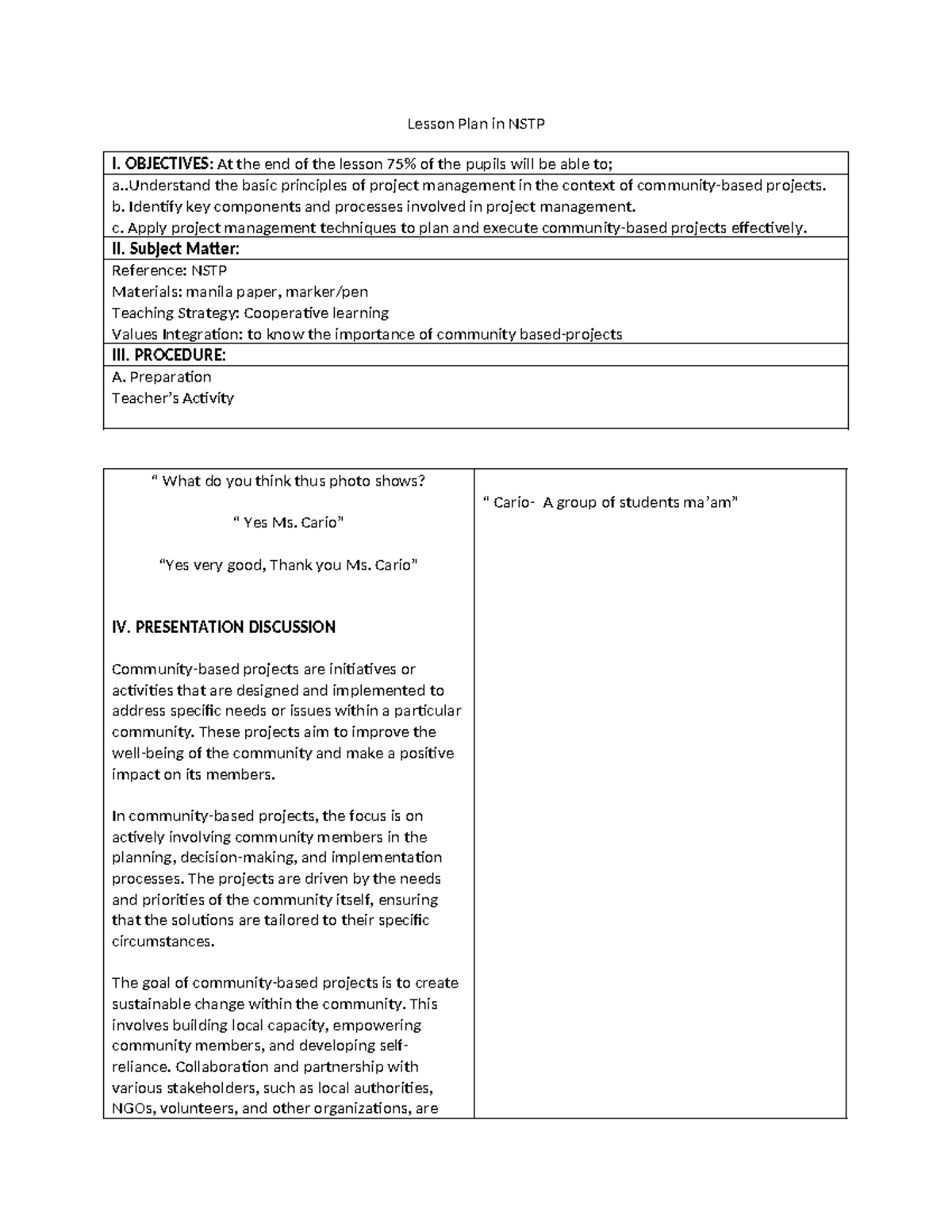 Nstp lp lp - Olyhclxl - Lesson Plan in NSTP I. OBJECTIVES: At the end ...