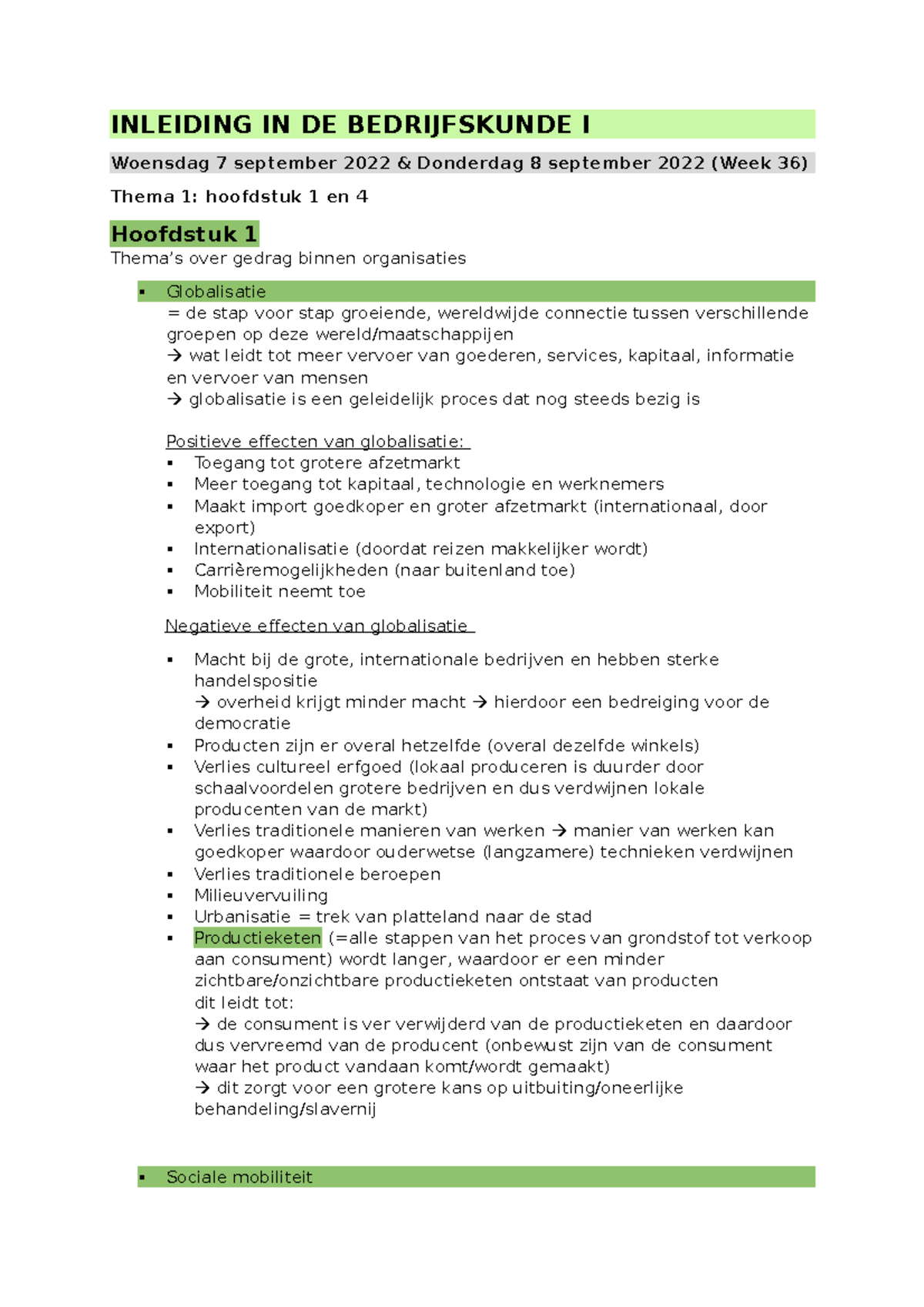 Inleiding In De Bedrijfskunde 1 Hoorcollege Aantekingen Inleiding In