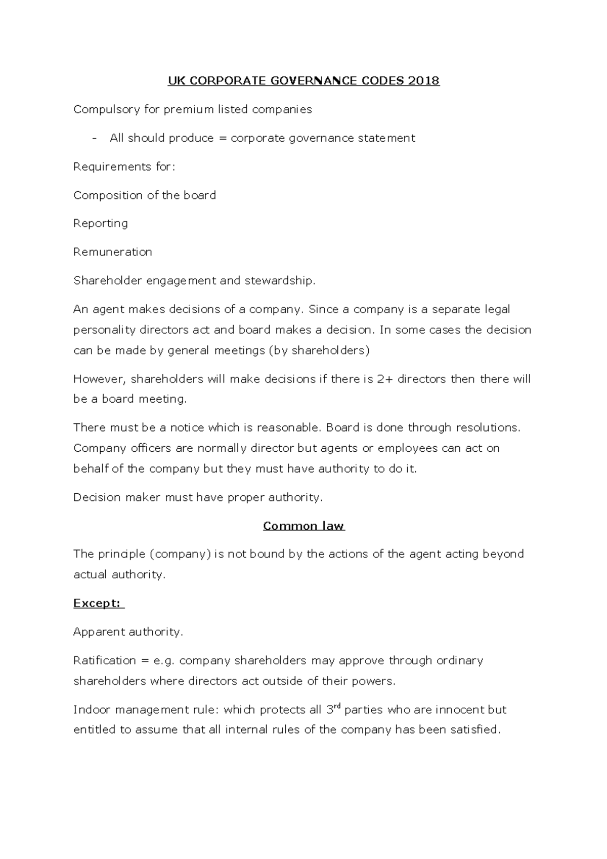 UK Corporate Governance Codes 2018 and Common Law - UK CORPORATE ...