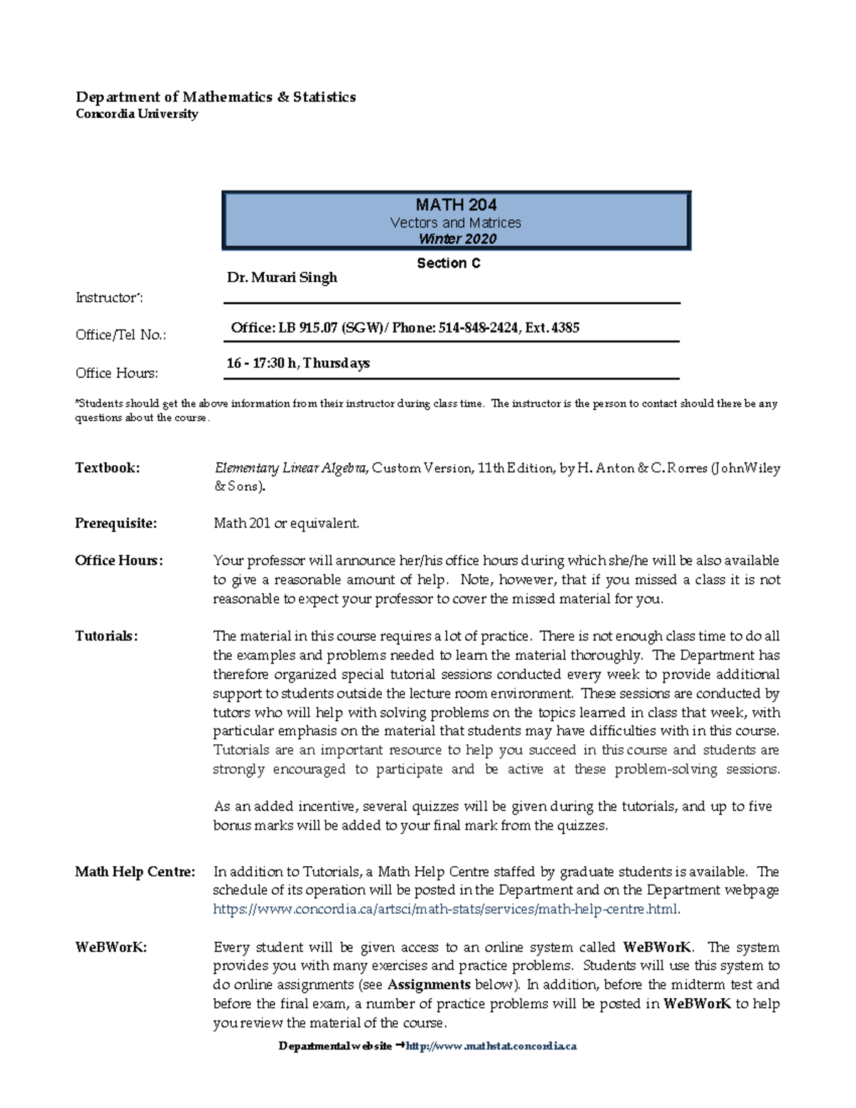 MATH 204 - Course Outline 2020 - Departmental website mathstat.concordia Department of ...