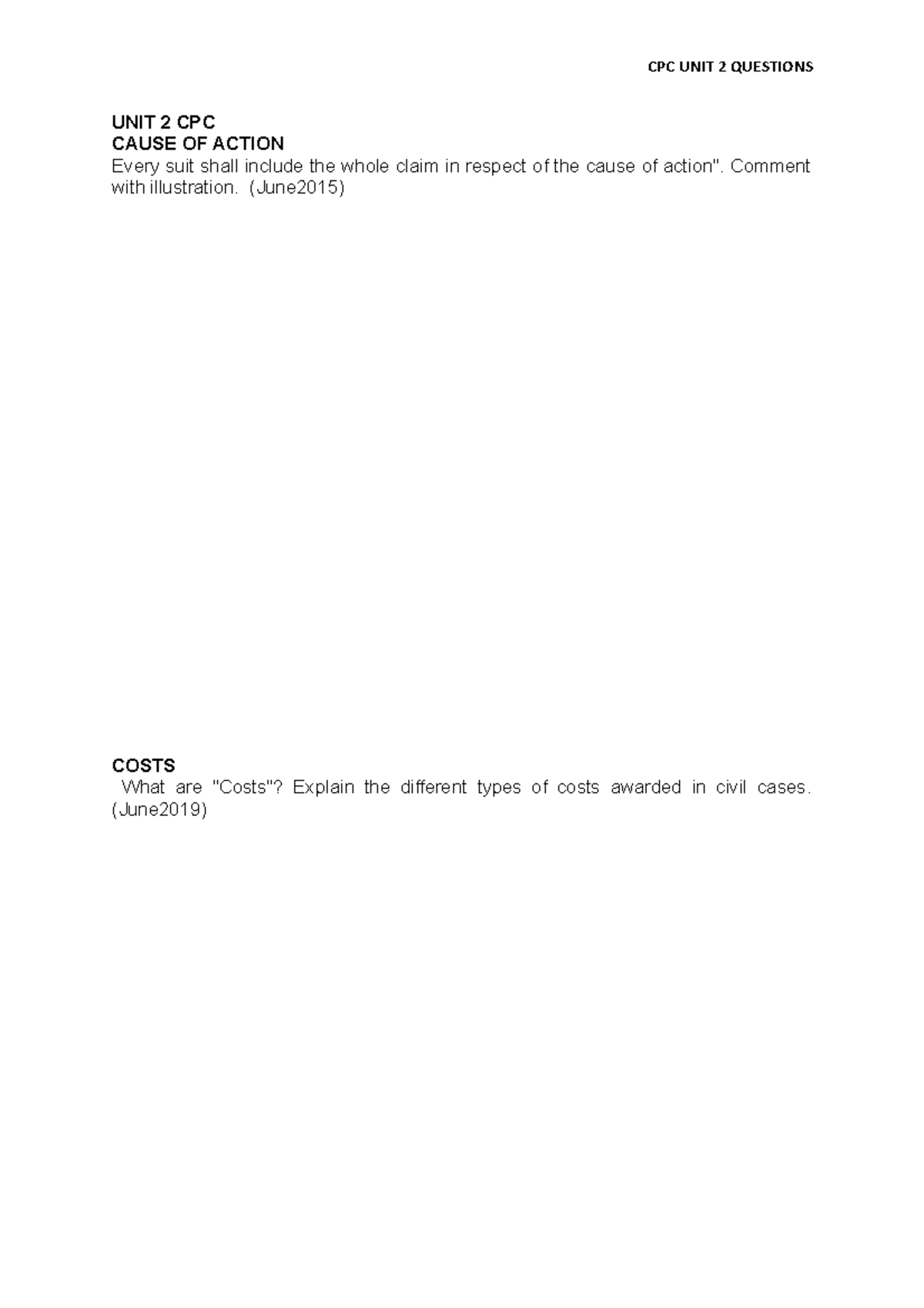 CPC UNIT 2 Q Papers - UNIT 2 CPC CAUSE OF ACTION Every suit shall ...