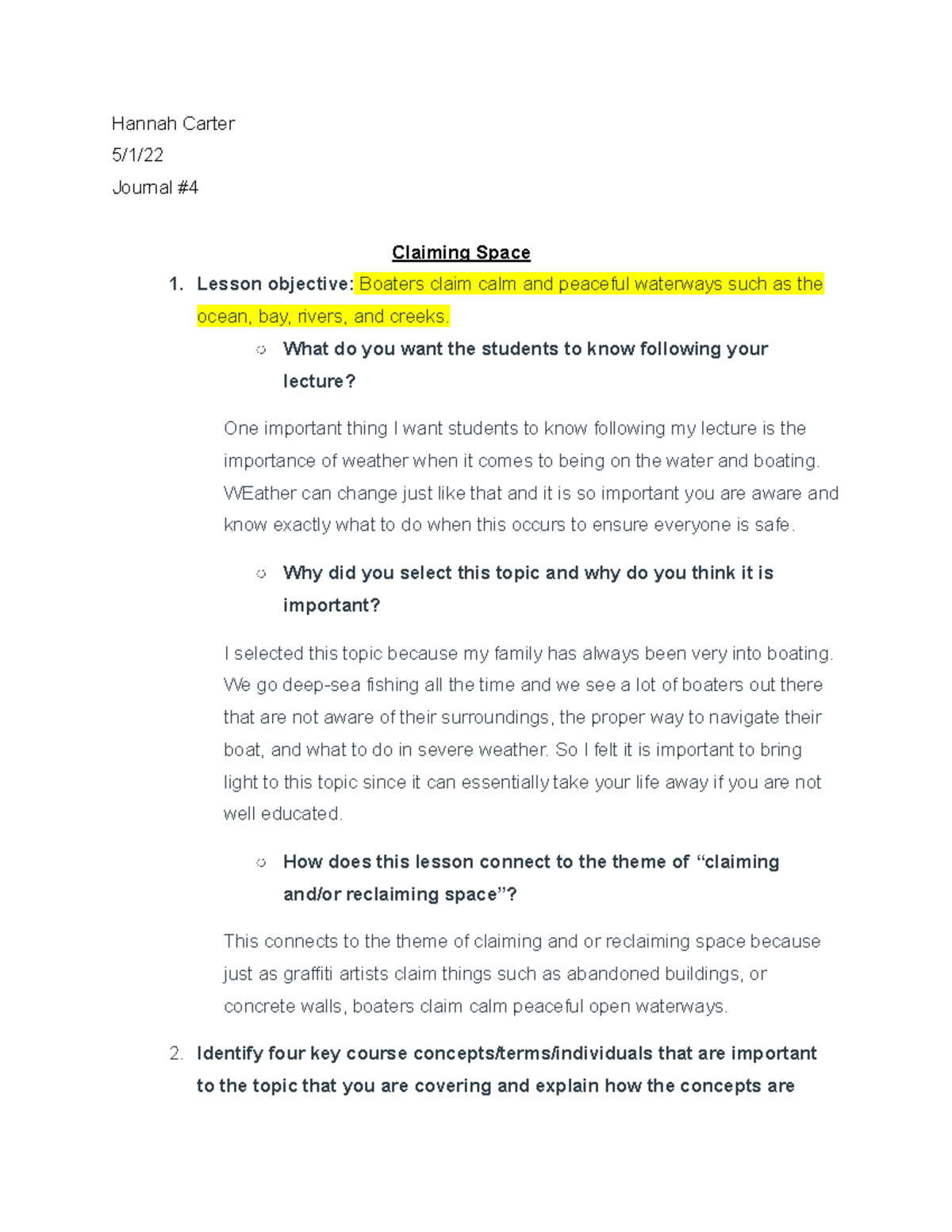 SOC 240 Journal #4 claiming space - Hannah Carter 5/1/ Journal ...