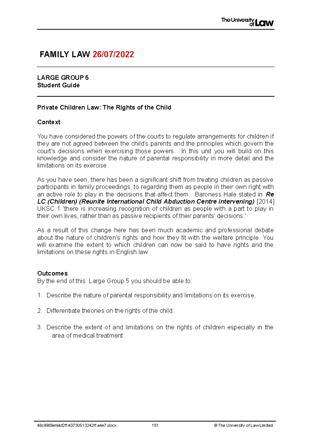 FAM WK5 LG Private Children Law The Rights of the Child - FAMILY LAW 26 ...