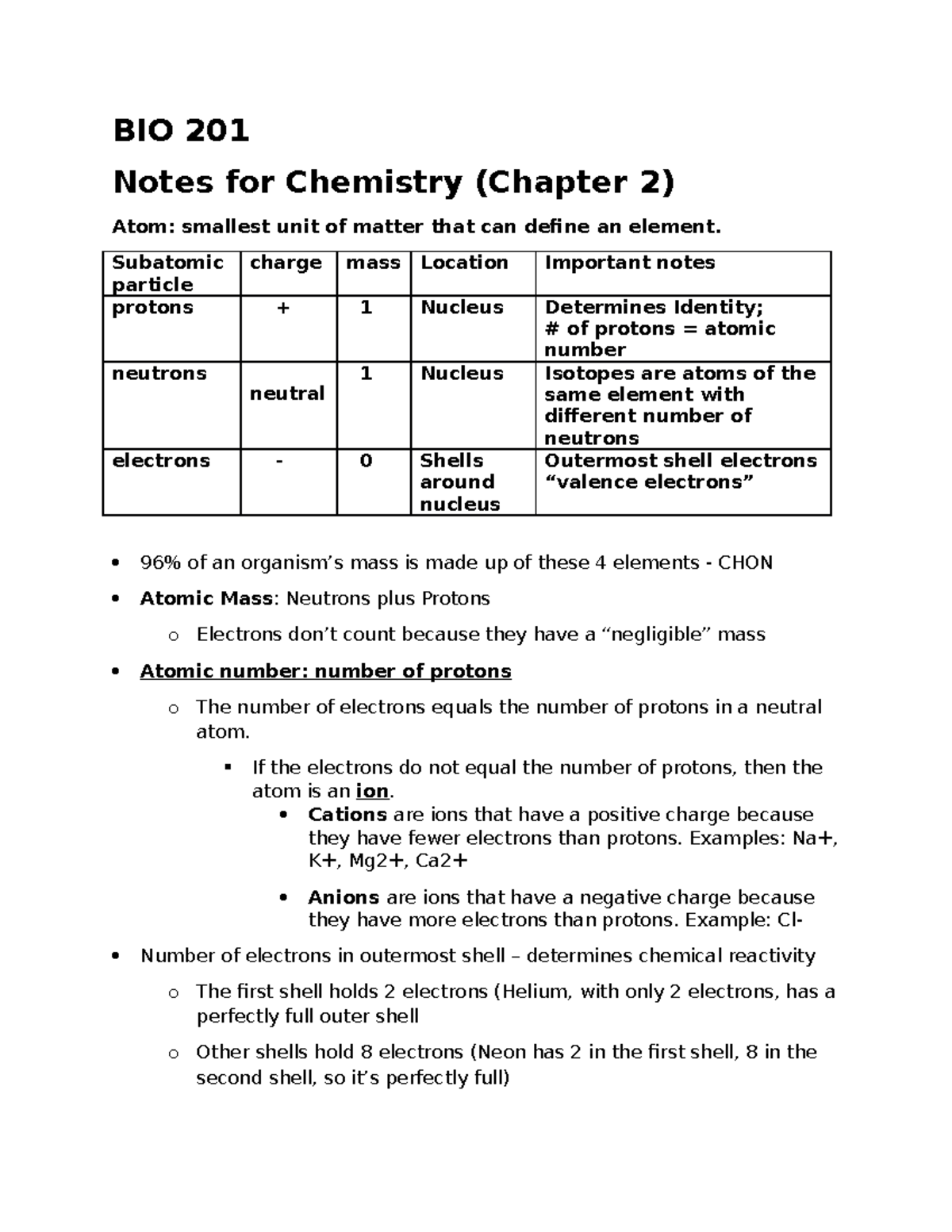 BIO 201 Chemistry Notes - BIO 201 Notes for Chemistry (Chapter 2) Atom ...