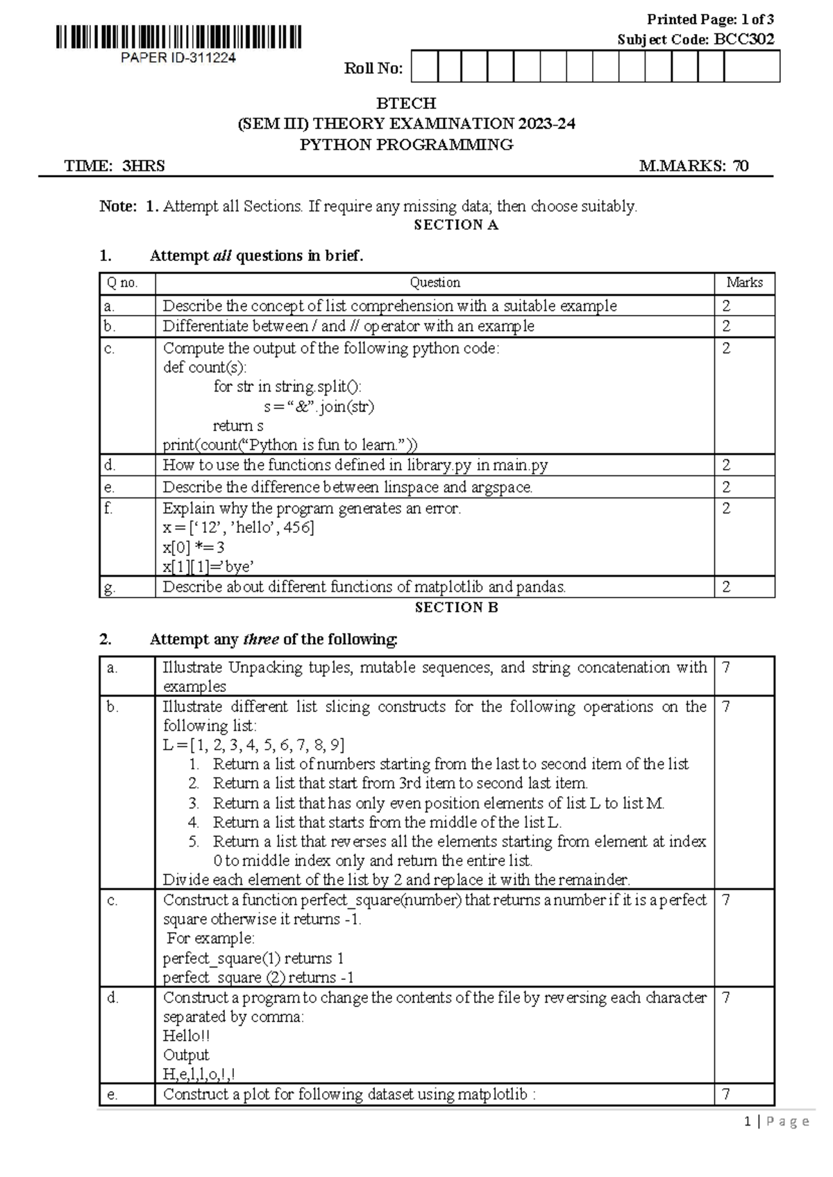 Python Odd Sem Printed Page 1 Of 3 Subject Code Bcc 0 Roll No 0 0 0 0 0 0 0 0 0 0 0 0 0