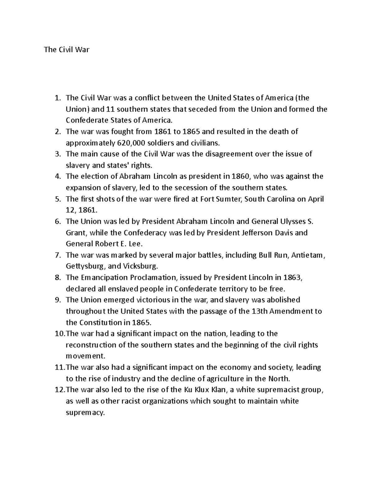 The Civil War notes - The Civil War The Civil War was a conflict ...