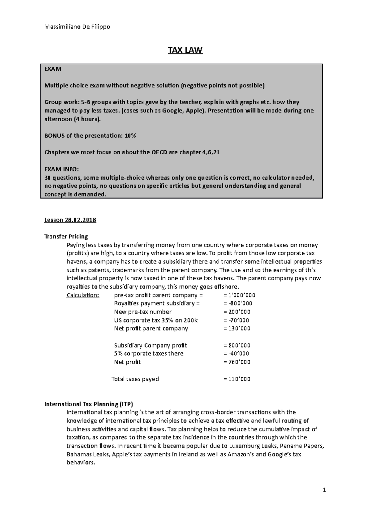 Summary Tax Law Exam Prep Massimiliano De Filippo TAX LAW EXAM summary-tax-law-exam-prep-massimiliano-de-filippo-tax-law-exam