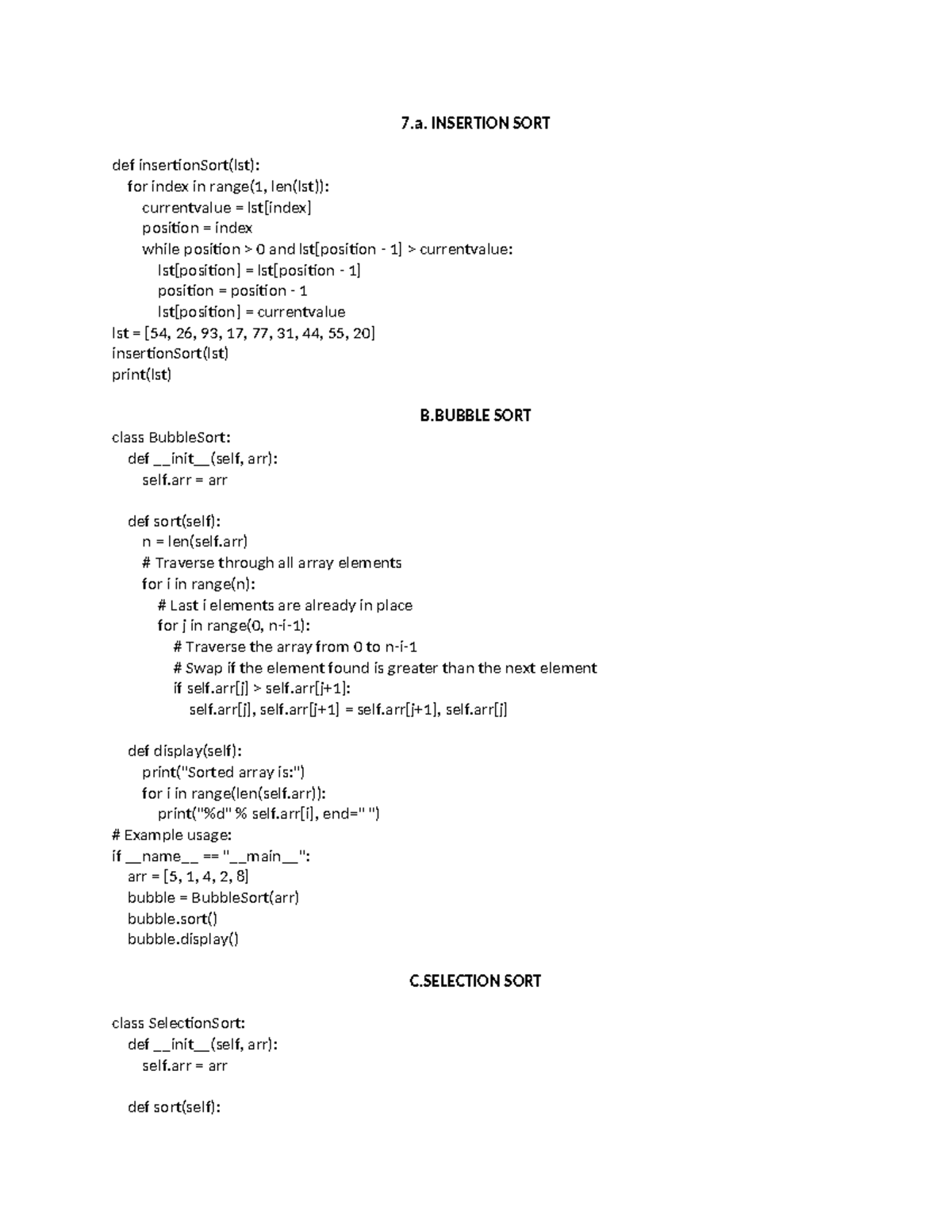 7 search and sort - INSERTION SORT def insertionSort(lst): for index in range(1, len(lst ...