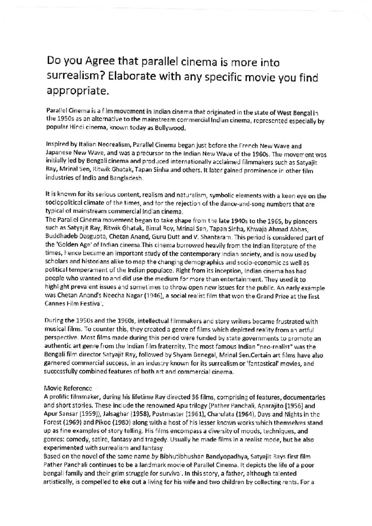 Parallel cinema question - Art and film appreciation (sec) philosophy ...