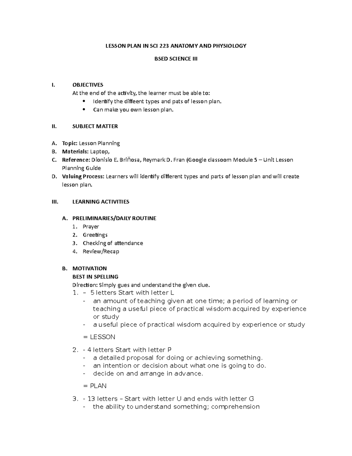 SEMI- Detailed Lesson-PLAN - LESSON PLAN IN SCI 223 ANATOMY AND ...