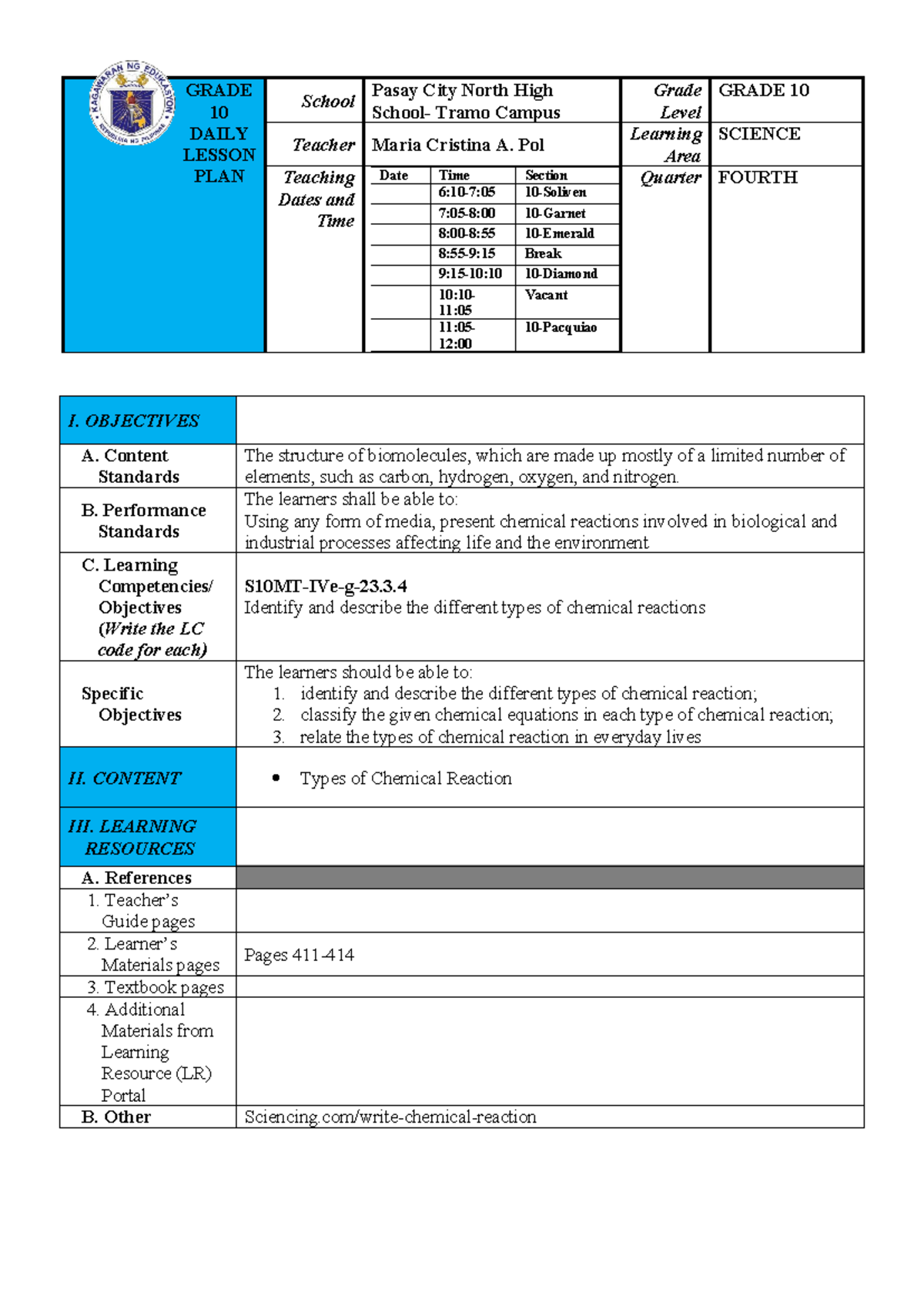 Semi Detailed Daily Lesson Plan in Scien - GRADE 10 DAILY LESSON PLAN ...
