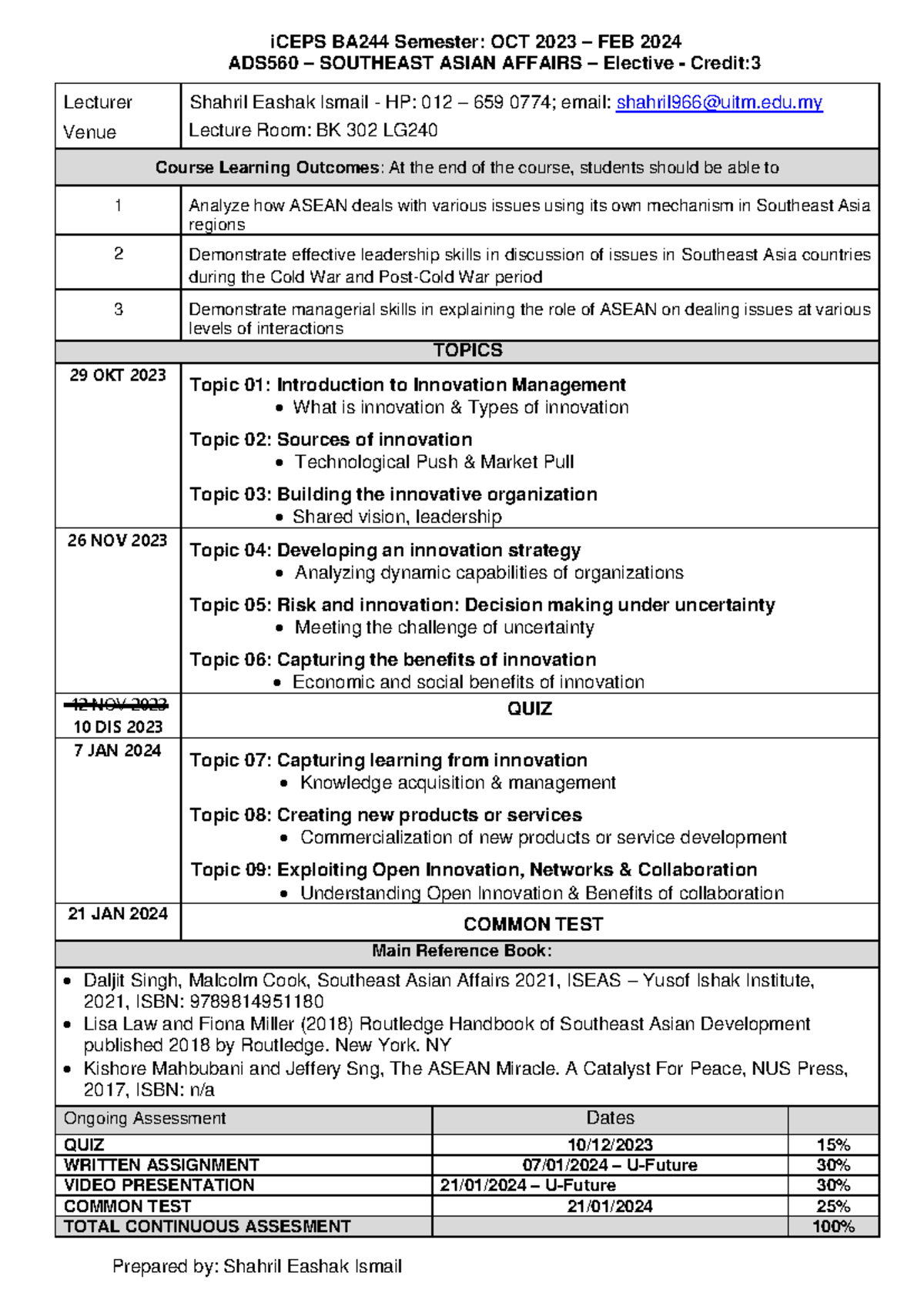 I CEPS SOW ADS557 INNO MGMT OCT23-FEB24 - iCEPS BA244 Semester: OCT ...