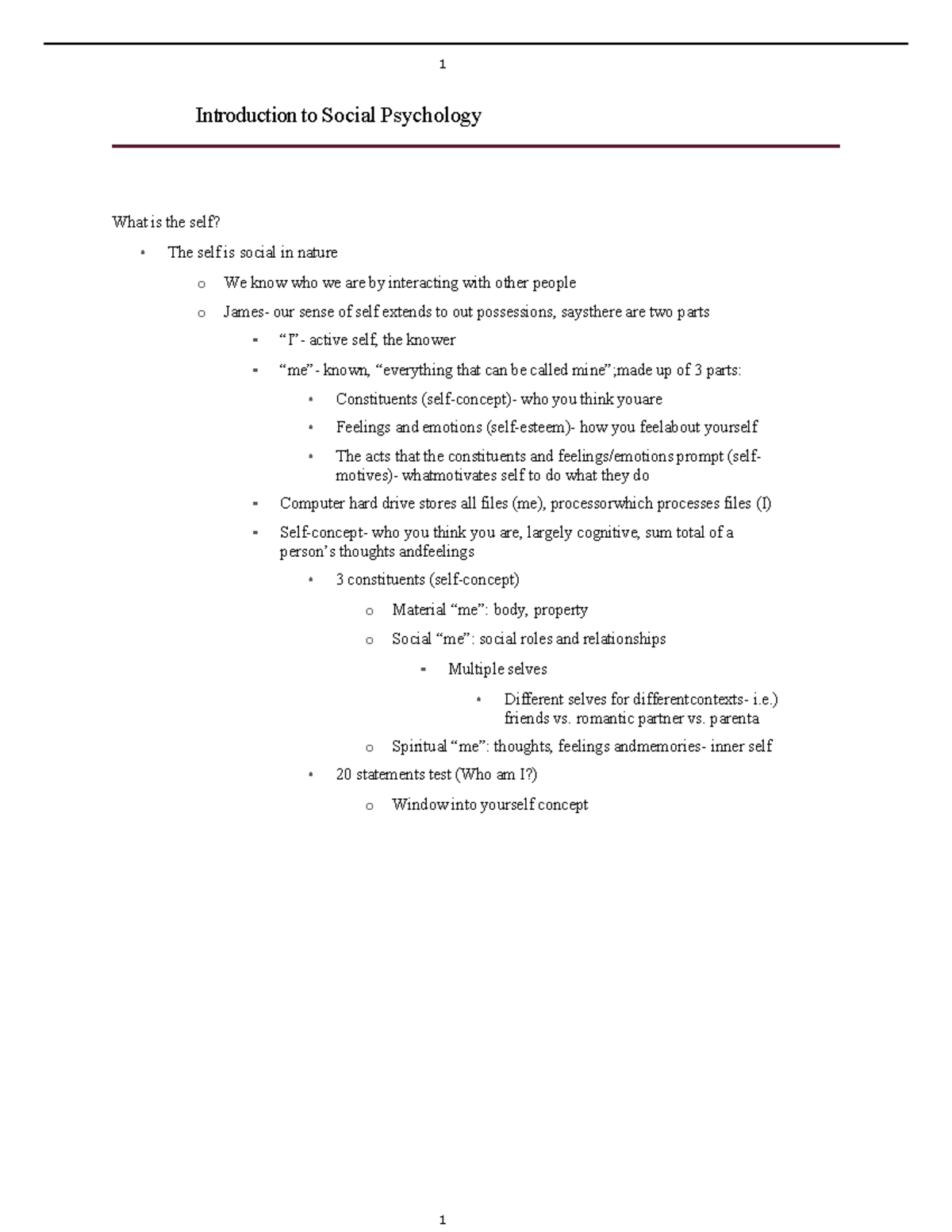 Social Psychology - Introduction to Social Psychology What is the self ...