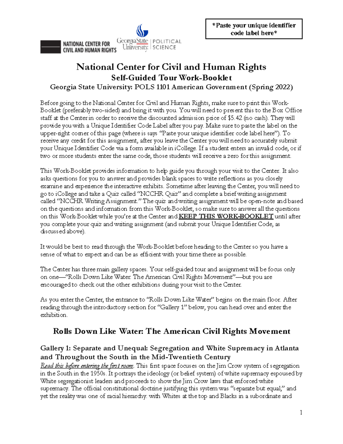 Self-Guided Tour Workbooklet National Center for Civil and Human Rights ...