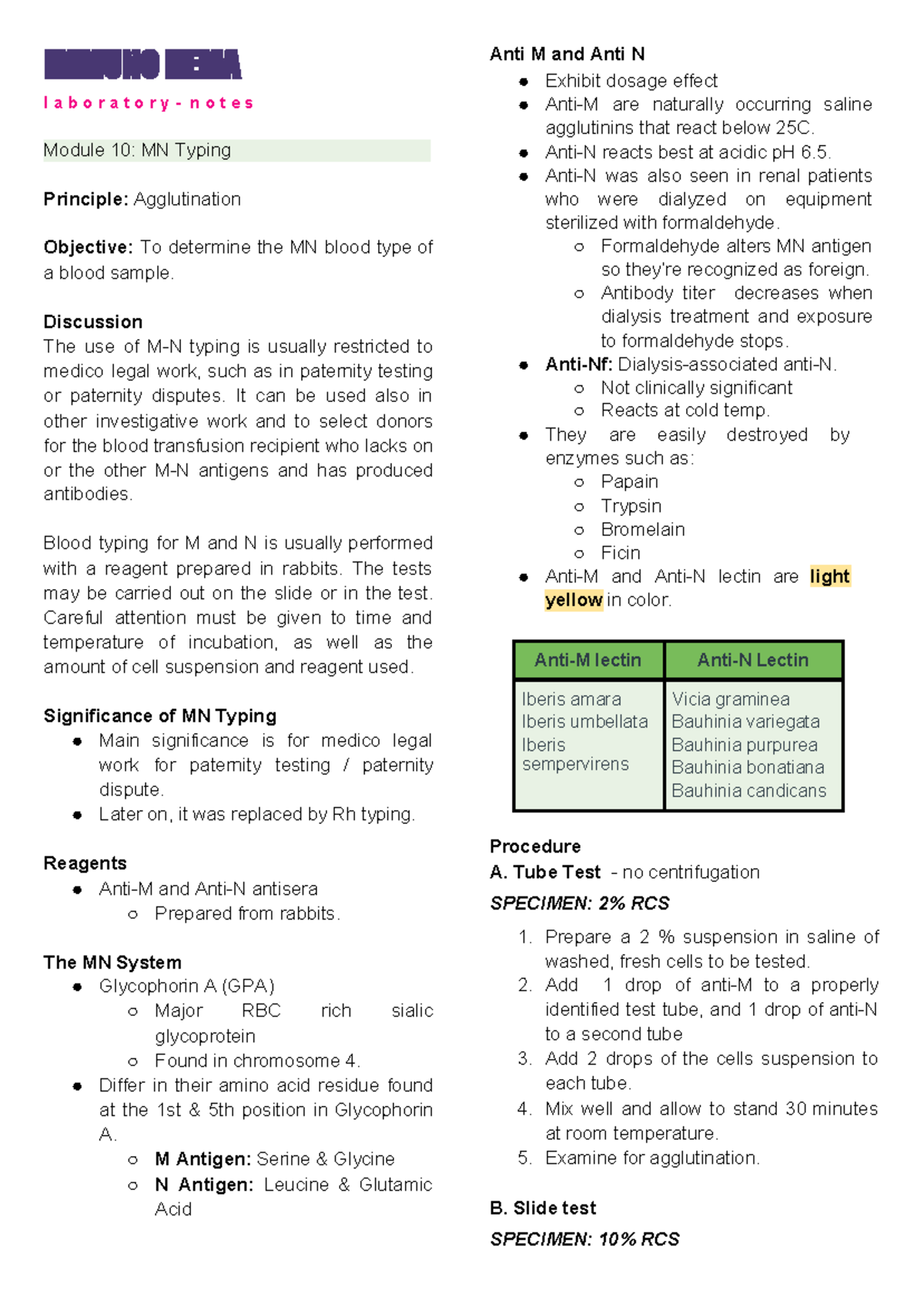 Immunohematology Lab modules 10-11 - Lecture notes 1-2 - IMMUNO HEMA l ...