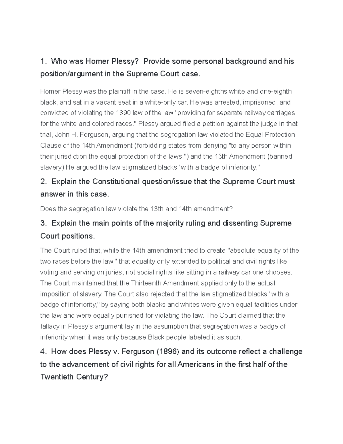 Plessy v. Ferguson, 1896 Supreme Court Case Analysis - 1. Who was Homer ...