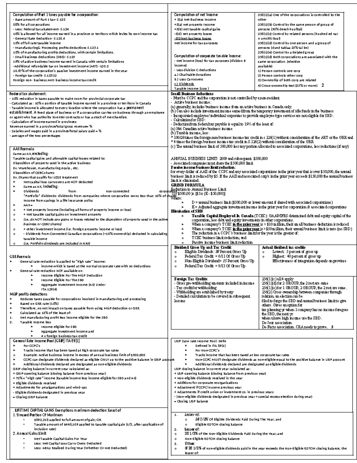 Cheat Sheet 2 - notes - Computation of Part 1 taxes payable for a ...