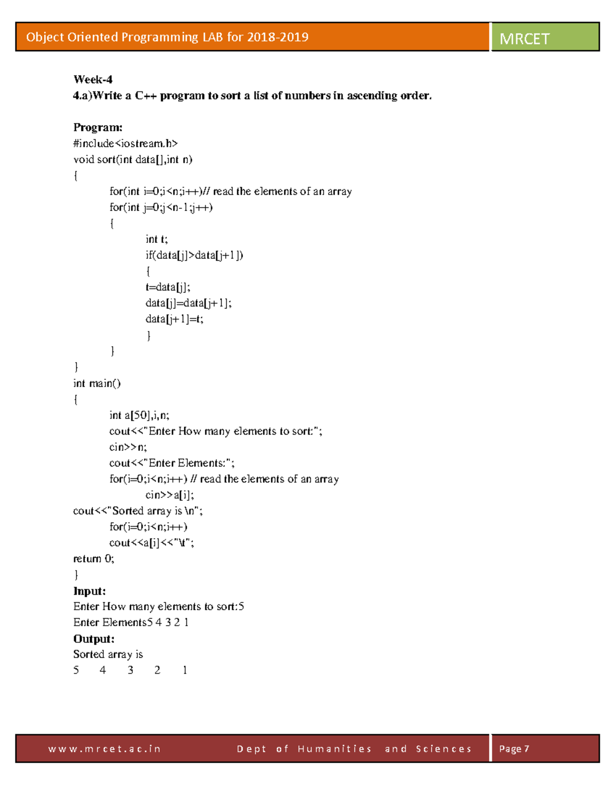 Individual Sum Integer Object Oriented Programming Lab For 2018 2019 Mrcet Week 4write A C