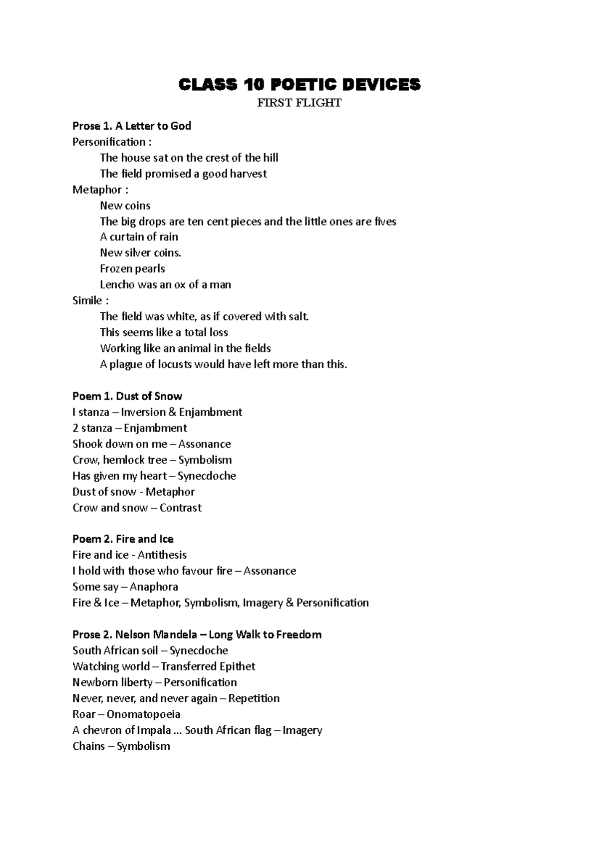 Class 10 Poetic Devices 1 CLASS 10 POETIC DEVICES FIRST FLIGHT Prose