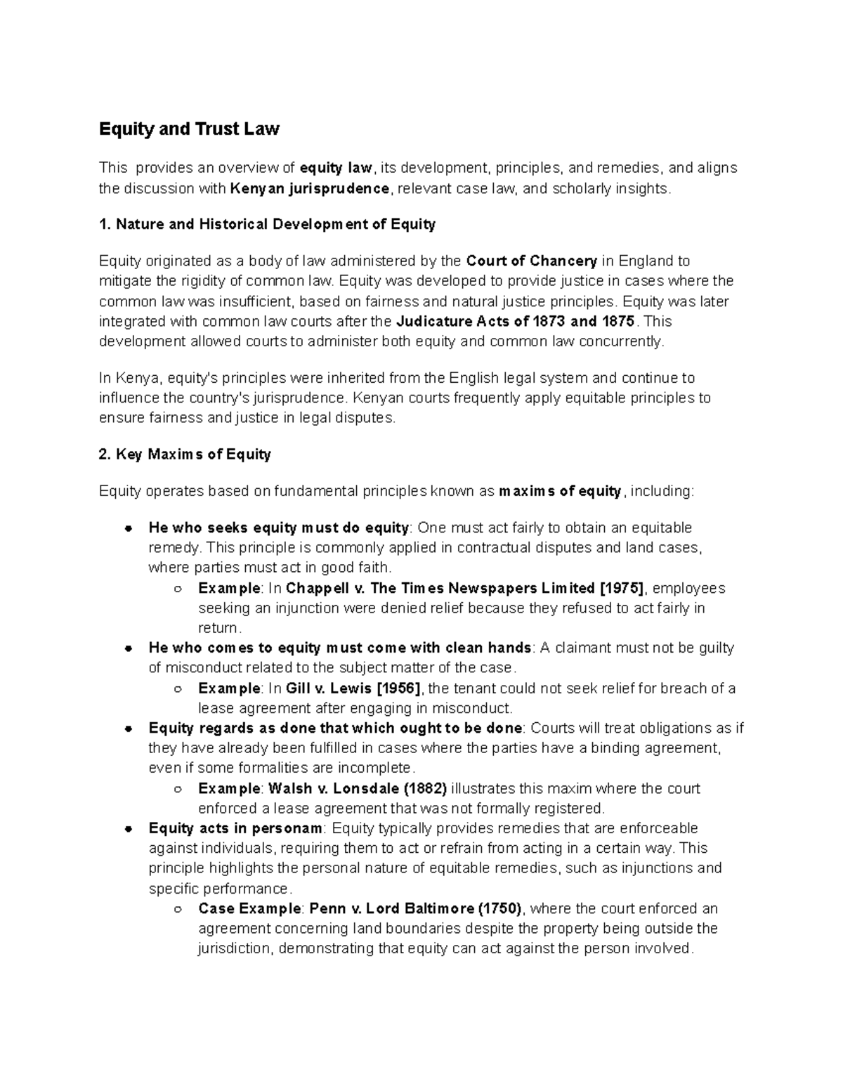 Equity Short notes - Equity and Trust Law This provides an overview of ...