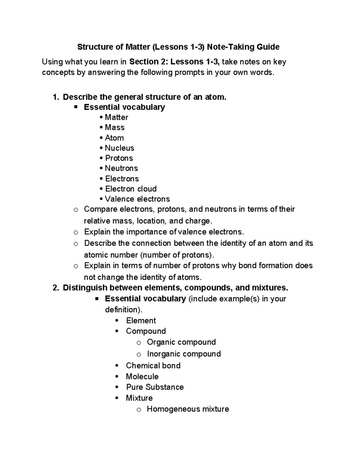 Section 2 Structure of Matter (Lessons 1-3) - Structure of Matter ...