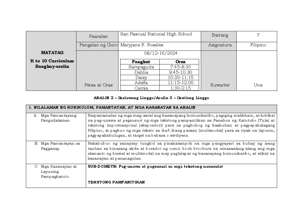 Q1W2-W3-CUF - lesson plan G7 - MATATAG K to 10 Curriculum Banghay ...