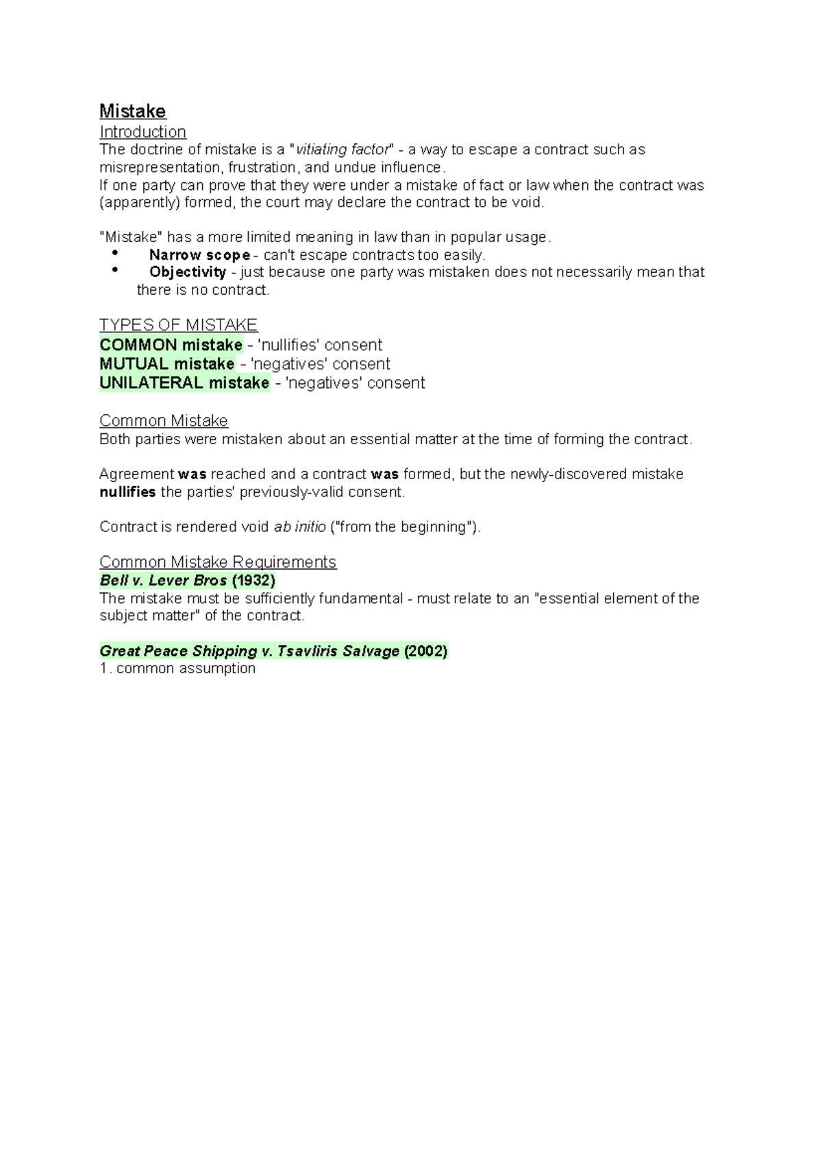 Mistake Summary - Mistake Introduction The doctrine of mistake is a ...