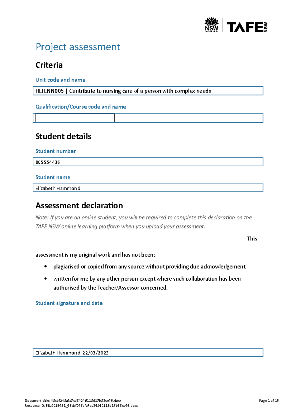 Hltenn 005 AE Pro2of5 - Project assessment Criteria Unit code and name ...