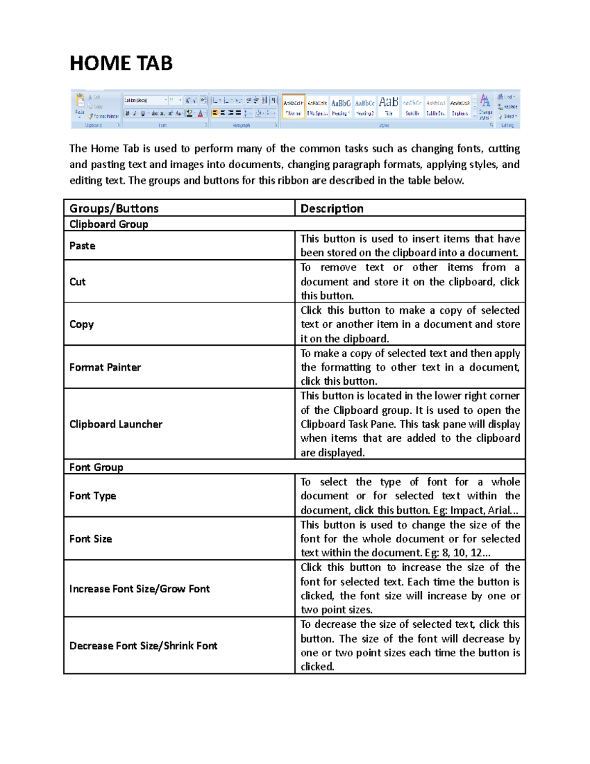 HOME TAB of a home page in a ms word - HOME TAB The Home Tab is used to ...
