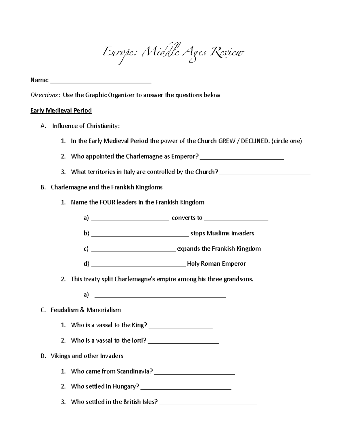 08 - Middle Ages Study Guide Questions - Europe: Middle Ages Review ...