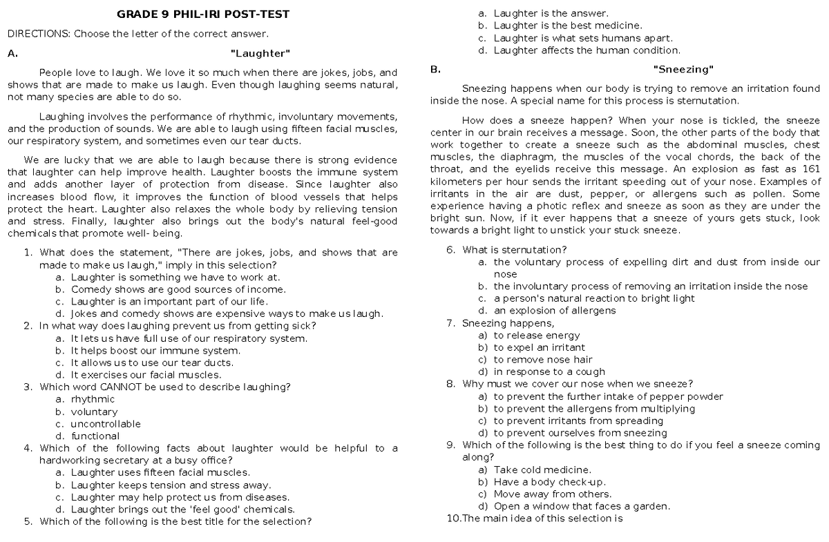 Phil-Iri Post-Test with answer - GRADE 9 PHIL-IRI POST-TEST DIRECTIONS ...