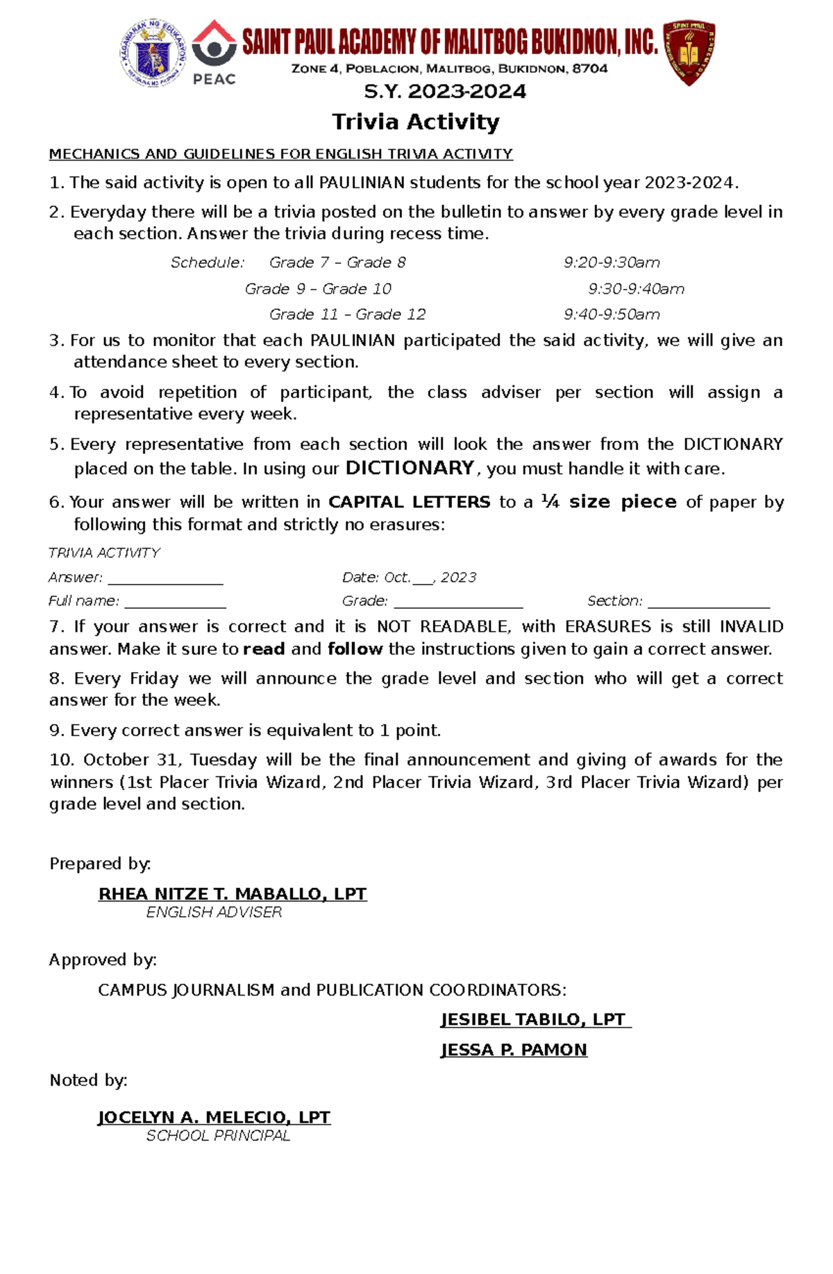 Trivia Activity Mechanics AND Guidelines - Trivia Activity MECHANICS ...