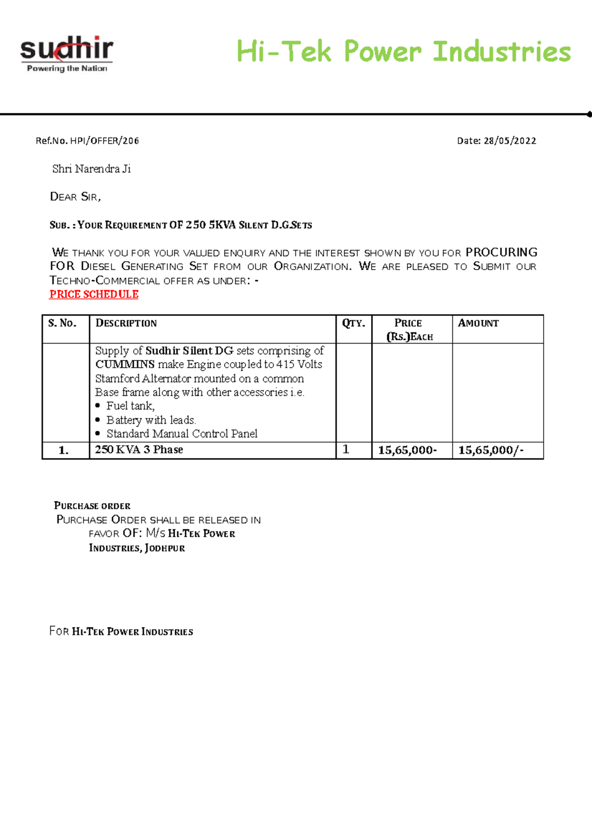 Experience - Hi-Tek Power Industries Ref. HPI/OFFER/206 Date: 28/05 ...