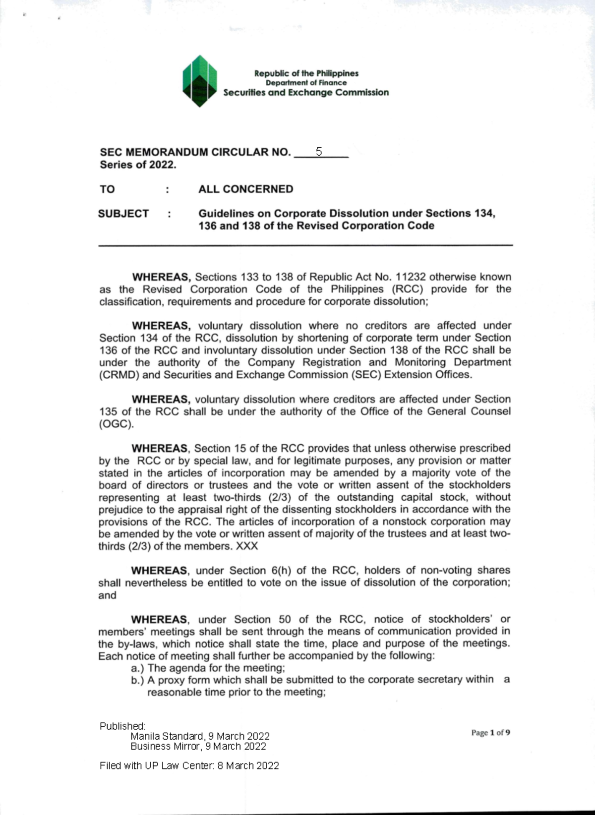 SEC MC No. 05, Series of 2022 Dissolution - Republic of the Philippines Department of Finance ...